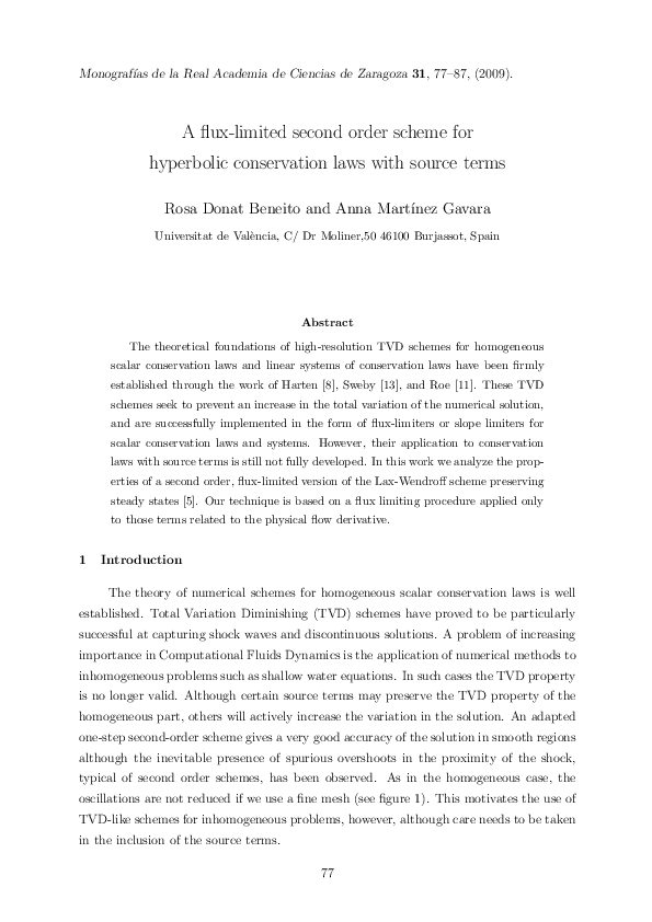 Pdf A Flux Limited Second Order Scheme For Hyperbolic Conservation Laws With Source Terms