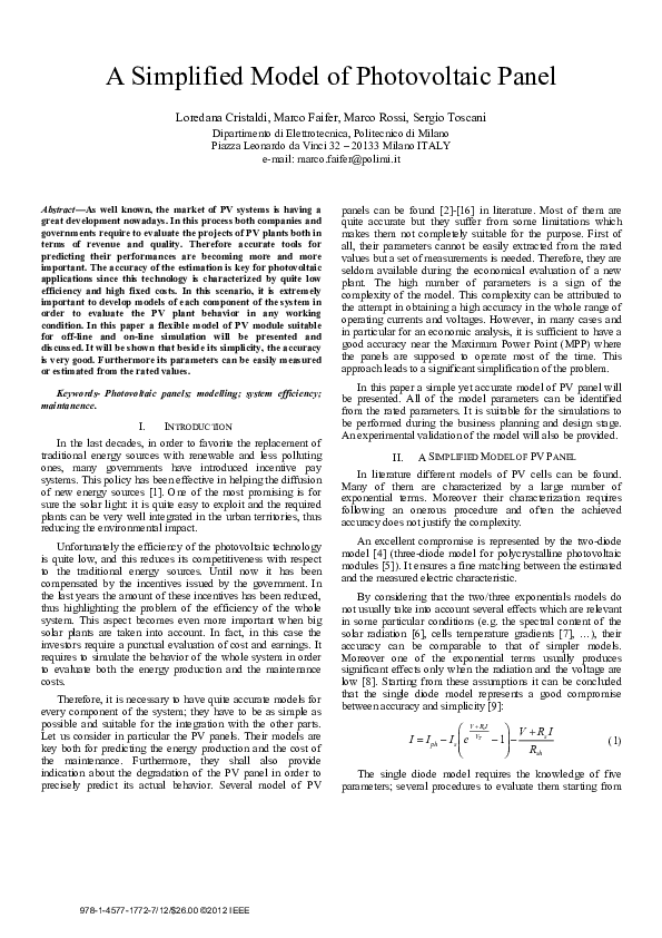(PDF) A simplified model of photovoltaic panel