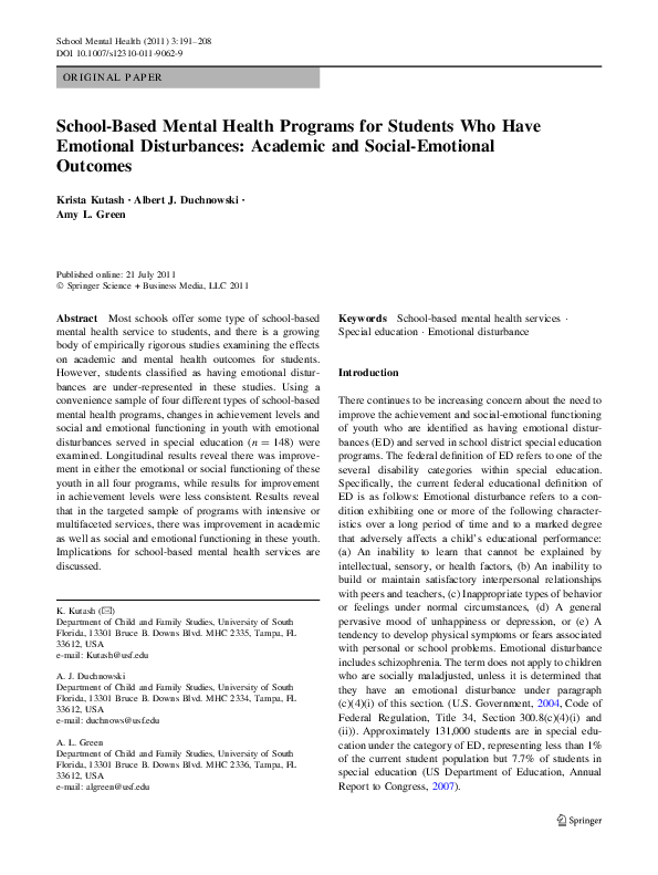 (PDF) School-Based Mental Health Programs for Students Who Have ...