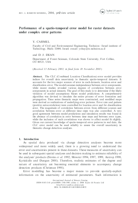 Pdf Performance Of A Spatio Temporal Error Model For Raster Datasets Under Complex Error Patterns