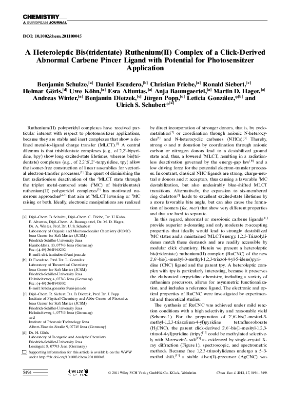 (PDF) A Heteroleptic Bis(tridentate) Ruthenium(II) Complex of a Click-Derived Abnormal Carbene ...