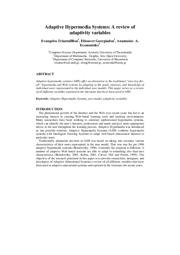 (PDF) Adaptive Hypermedia Systems: A review of adaptivity variables