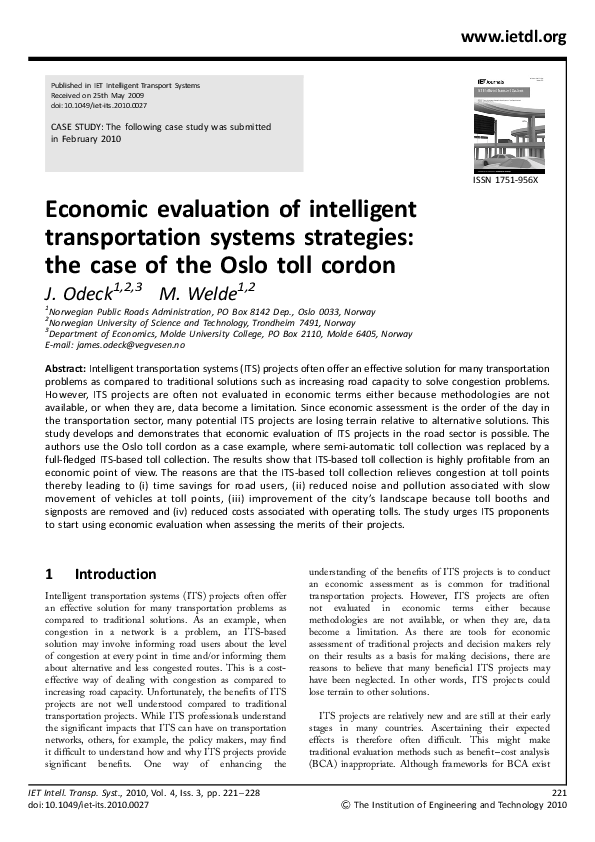 (PDF) Economic evaluation of intelligent transportation systems ...