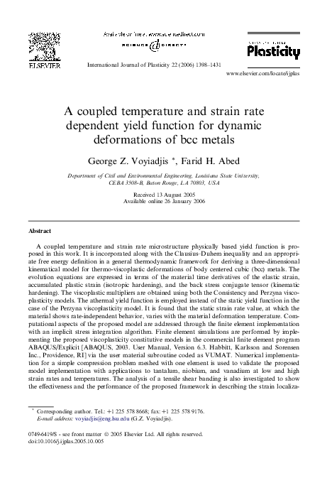 (PDF) A coupled temperature and strain rate dependent yield function for dynamic deformations of ...