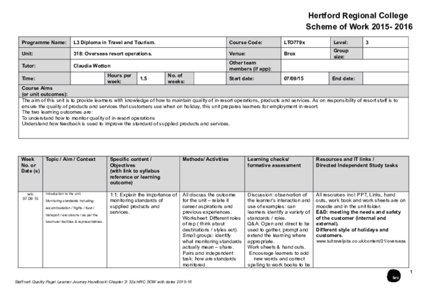 (DOC) Programme Name: L3 Diploma in Travel and Tourism. Topic / Aim ...