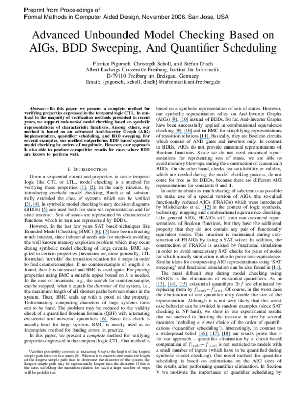 Pdf Advanced Unbounded Model Checking Based On Aigs Bdd Sweeping And Quantifier Scheduling