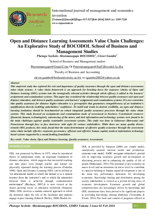 (PDF) Open and Distance Learning Assessments Value Chain Challenges: An ...