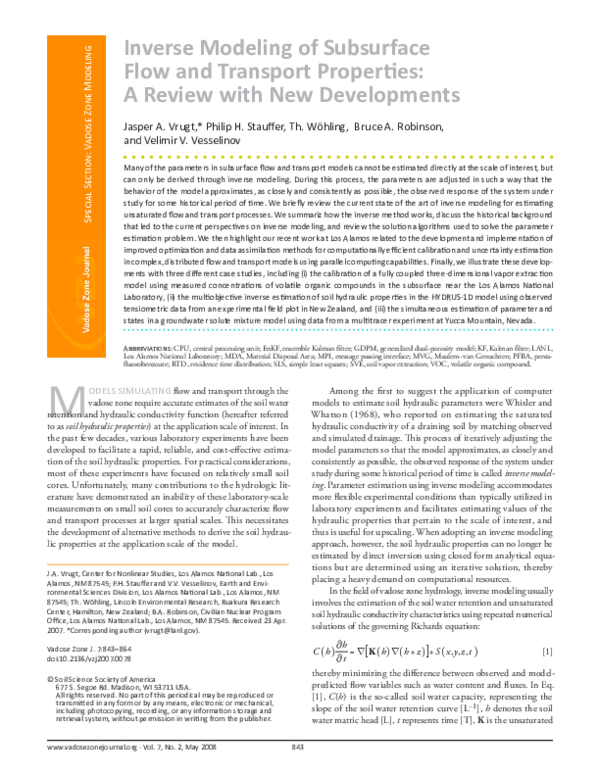 Pdf Inverse Modeling Of Subsurface Flow And Transport Properties A Review With New Developments