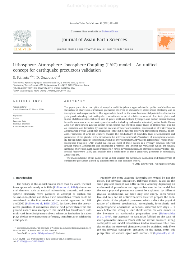 (PDF) Lithosphere–atmosphere–ionosphere coupling (LAIC) model, Chapter 9
