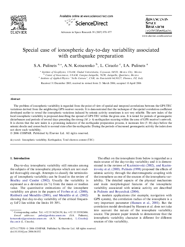 (PDF) Special case of ionospheric day-to-day variability associated with earthquake preparation