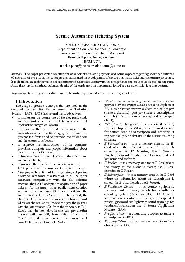 (PDF) Secure Architecture for Automatic Ticketing Systems