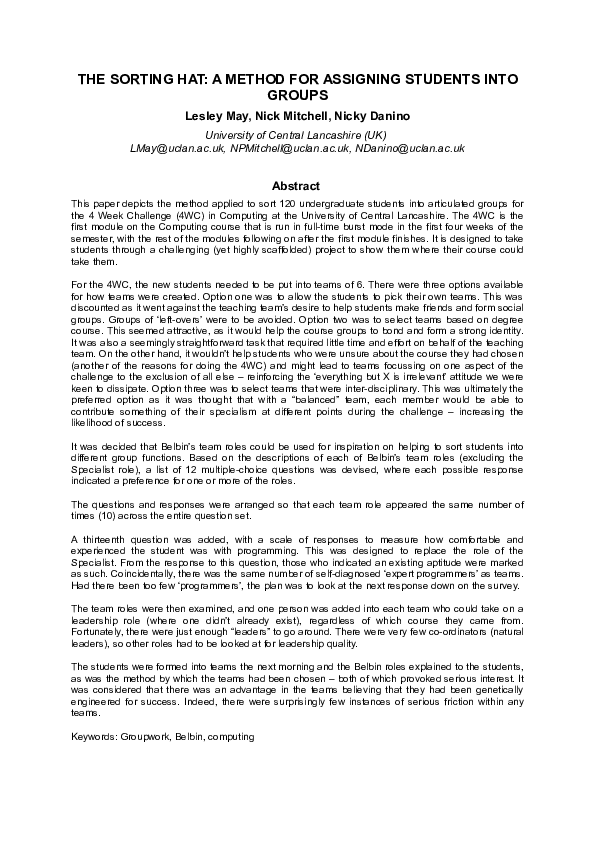 (DOC) THE SORTING HAT: A METHOD FOR ASSIGNING STUDENTS INTO GROUPS