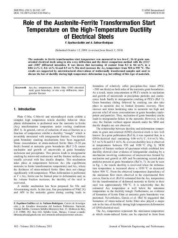 (PDF) Role of the Austenite-Ferrite Transformation Start Temperature on the High-Temperature ...