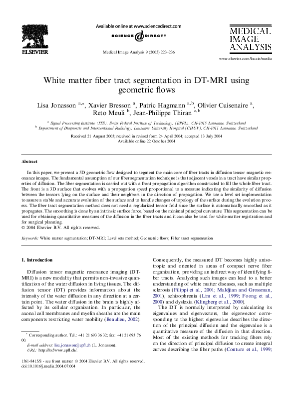 (PDF) White matter fiber tract segmentation in DT-MRI using geometric flows | Olivier Cuisenaire ...