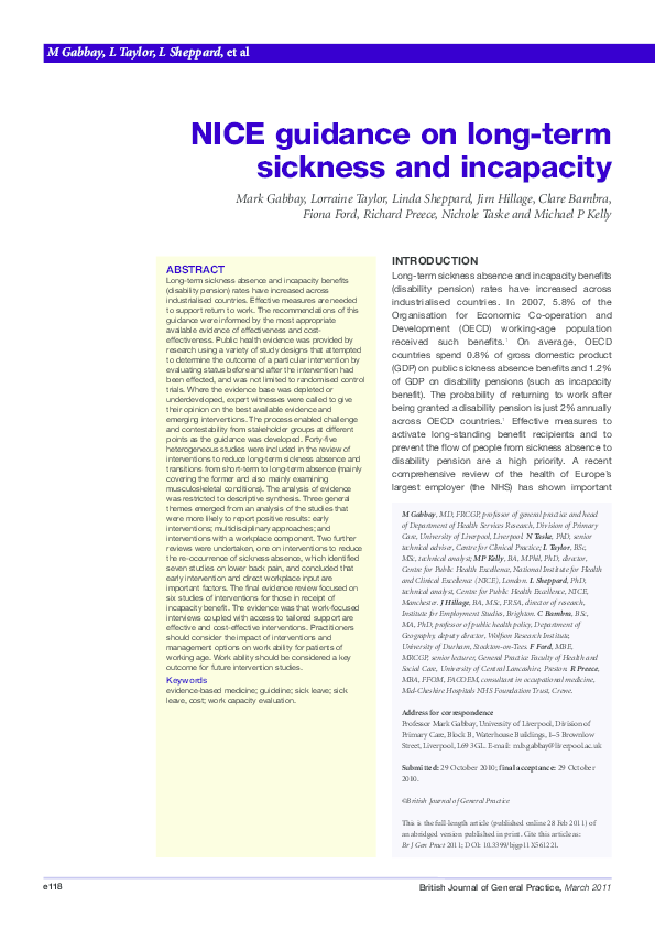 (PDF) NICE guidance on long-term sickness and incapacity