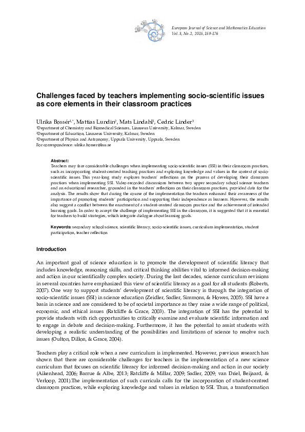 (PDF) Challenges faced by teachers implementing socio-scientific issues ...