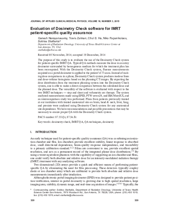 (PDF) Evaluation of Dosimetry Check software for IMRT patient-specific quality assurance