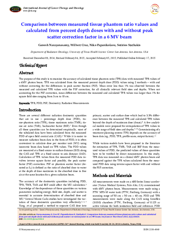 (PDF) Comparison between measured tissue phantom ratio values and calculated from percent depth ...