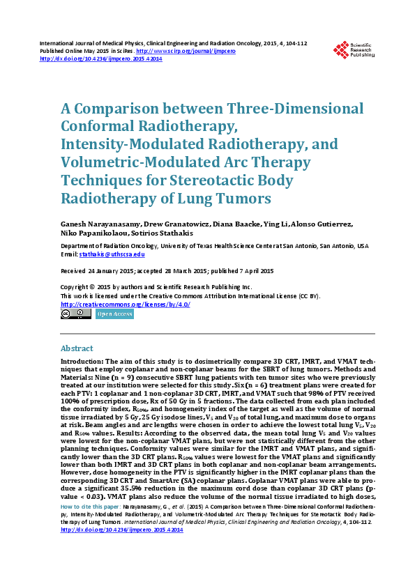 (PDF) A Comparison between Three-Dimensional Conformal Radiotherapy, Intensity-Modulated ...