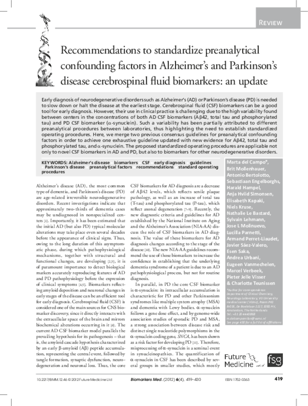 (PDF) Recommendations to standardize preanalytical confounding factors in Alzheimer’s and ...