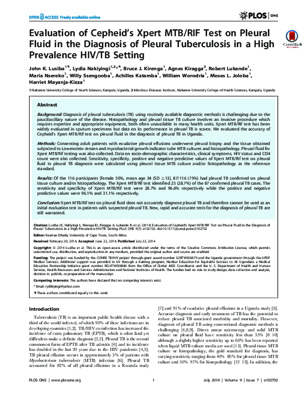 (PDF) Evaluation of Cepheid's Xpert MTB/RIF Test on Pleural Fluid in ...