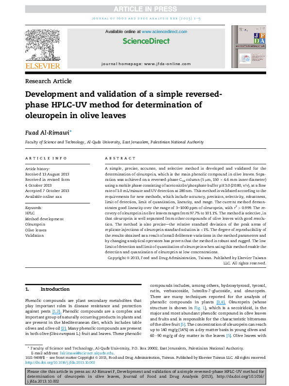 Pdf Development And Validation Of A Simple Reversed Phase Hplc Uv Method For Determination Of
