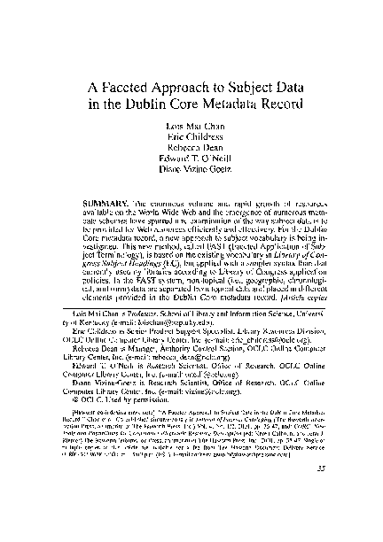(PDF) A Faceted Approach to Subject Data in the Dublin Core Metadata Record