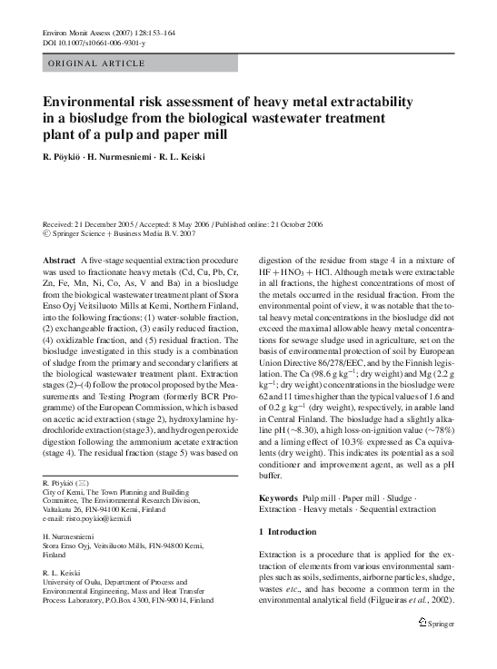 (PDF) Environmental risk assessment of heavy metal extractability in a ...