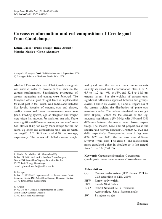 (PDF) Carcass conformation and cut composition of Creole goat from ...