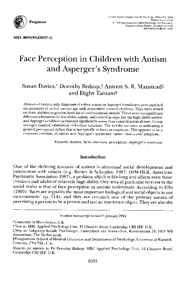 (PDF) Face Perception in Children with Autism and Asperger's Syndrome
