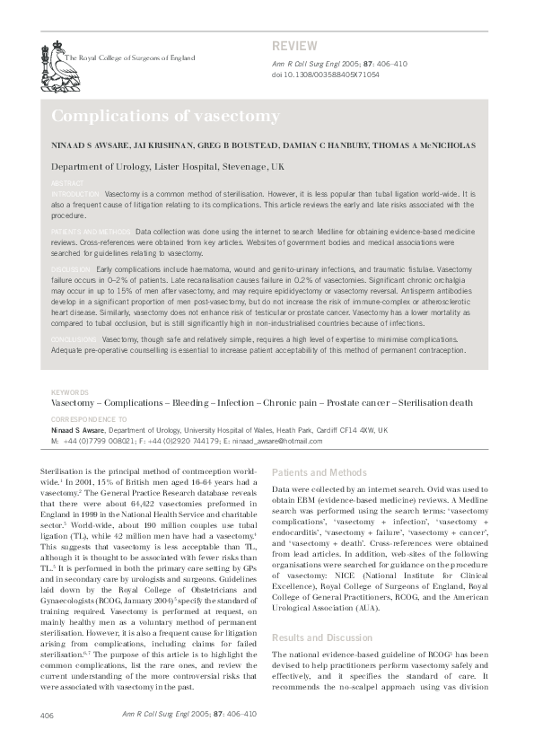 (PDF) Complications of vasectomy