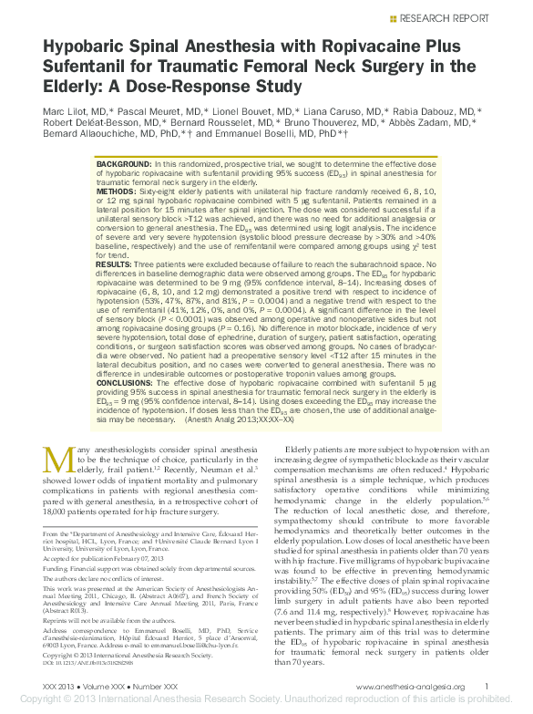 (PDF) Hypobaric Spinal Anesthesia with Ropivacaine Plus Sufentanil for ...