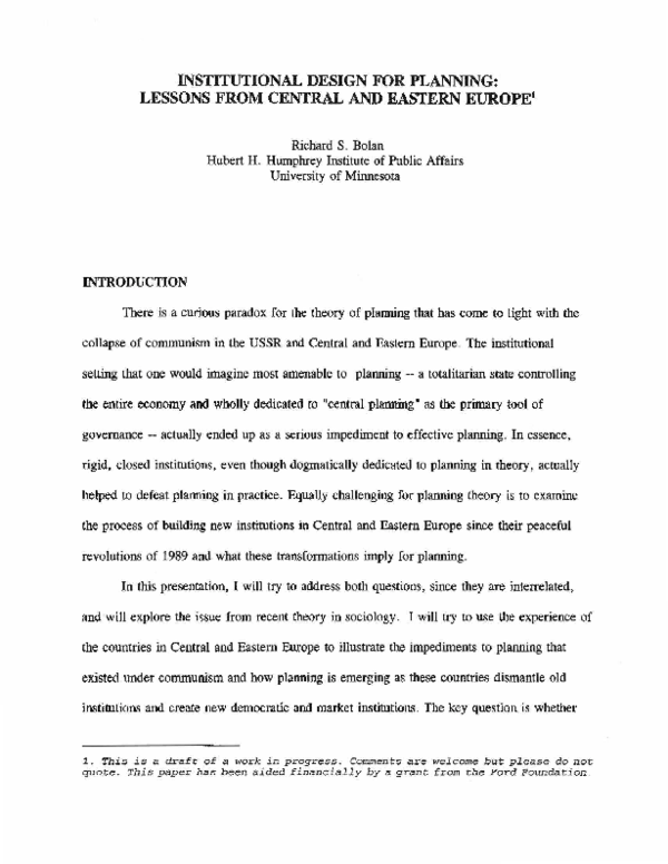 (PDF) INSTITUTIONAL DESIGN FOR PLANNING: LESSONS FROM CENTRAL AND ...