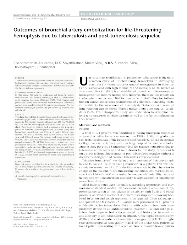 (PDF) Outcome of bronchial artery embolisation for life threatening ...