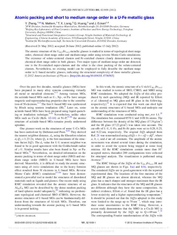 (PDF) Atomic packing and short to medium range order in a U-Fe metallic ...
