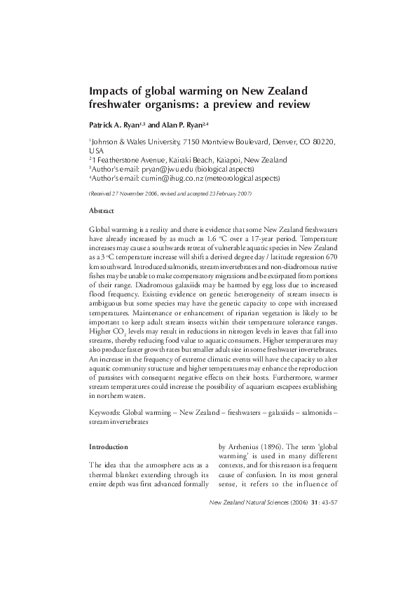 (PDF) Impacts of global warming on New Zealand freshwater organisms: a ...