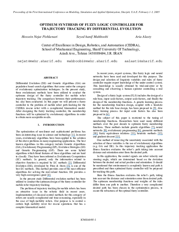 Pdf Optimum Synthesis Of Fuzzy Logic Controller For Trajectory Tracking By Differential Evolution