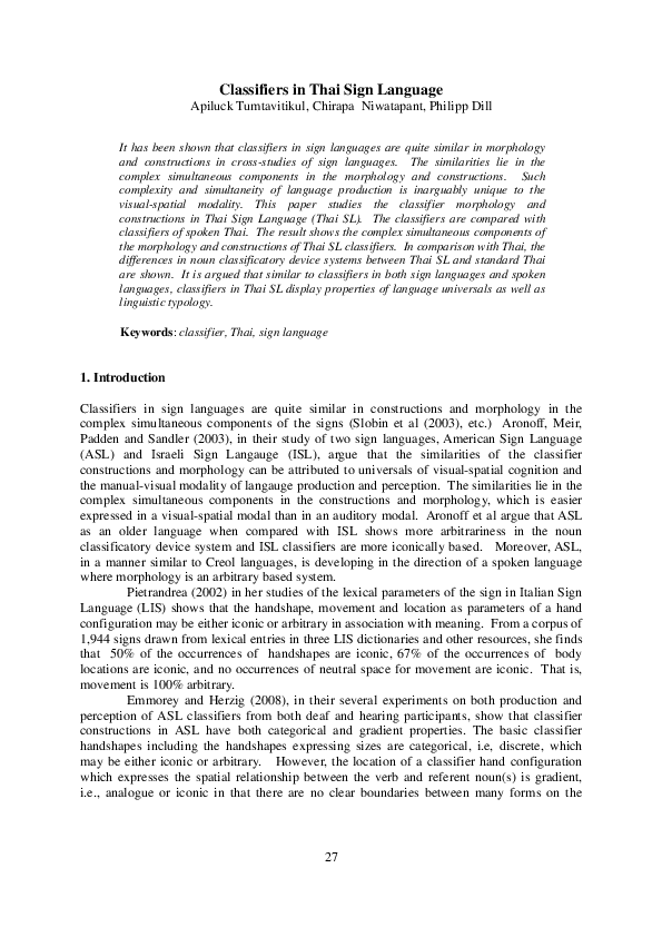 Pdf Classifiers In Thai Sign Language 