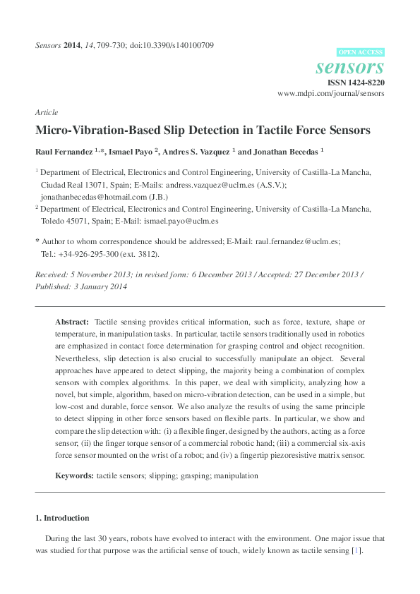 Pdf Micro Vibration Based Slip Detection In Tactile Force Sensors