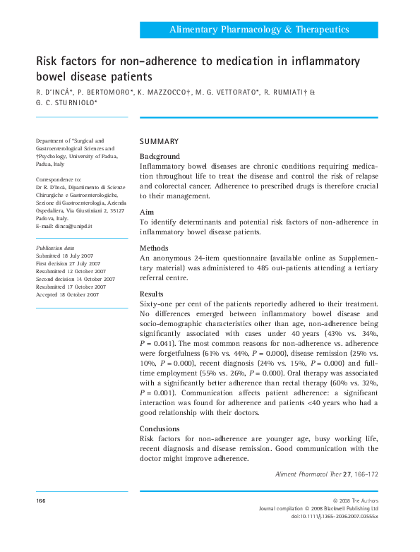 (PDF) Risk factors for non-adherence to medication in inflammatory ...