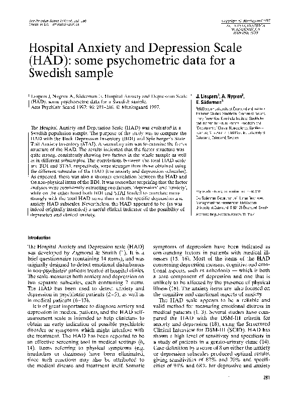 (PDF) Hospital Anxiety and Depression Scale (HAD): some psychometric ...