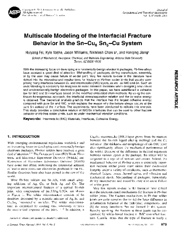 (PDF) Multiscale Modeling of the Interfacial Fracture Behavior in the Sn–Cu 6 Sn 5 –Cu System