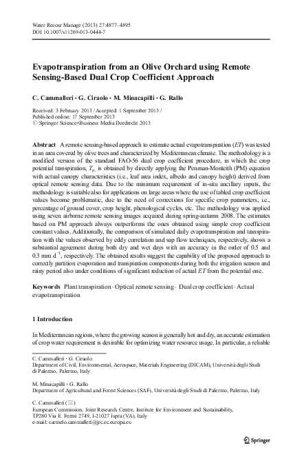 Pdf Evapotranspiration From An Olive Orchard Using Remote Sensing Based Dual Crop Coefficient