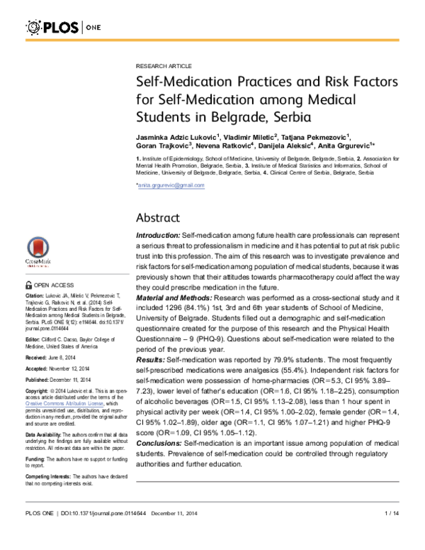(PDF) Self-Medication Practices and Risk Factors for Self-Medication ...