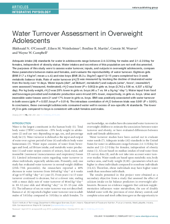 (PDF) Water Turnover Assessment in Overweight Adolescents | Berdine ...