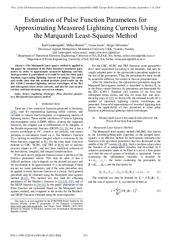 (PDF) Estimation of pulse function parameters for approximating measured lightning currents ...