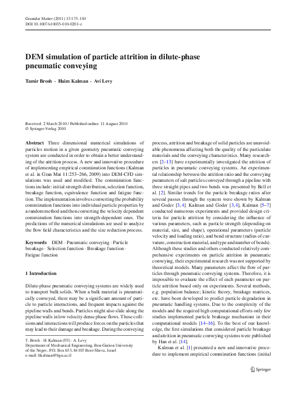 (PDF) DEM simulation of particle attrition in dilute-phase pneumatic ...