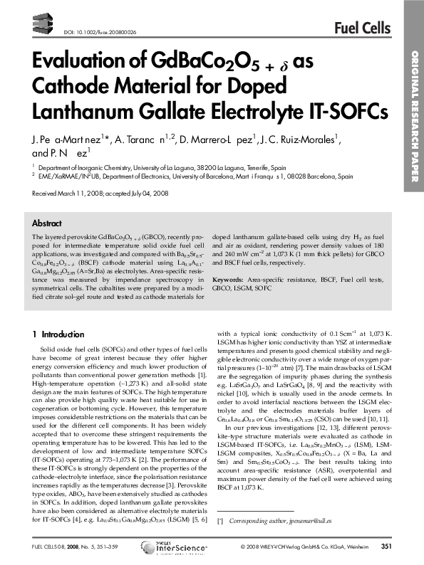 (PDF) Evaluation of GdBaCo2O5 (+) (delta) as Cathode Material for Doped Lanthanum Gallate ...