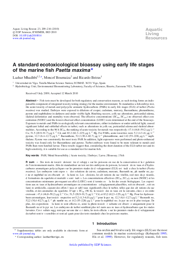 (PDF) A standard ecotoxicological bioassay using early life stages of ...