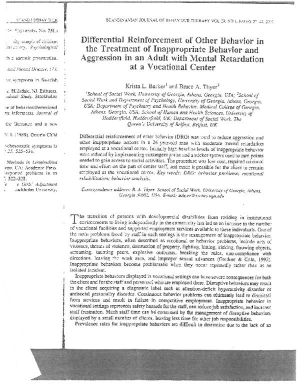 (PDF) Differential Reinforcement of other Behavior (DRO) to Reduce Aggressive Behavior Following ...